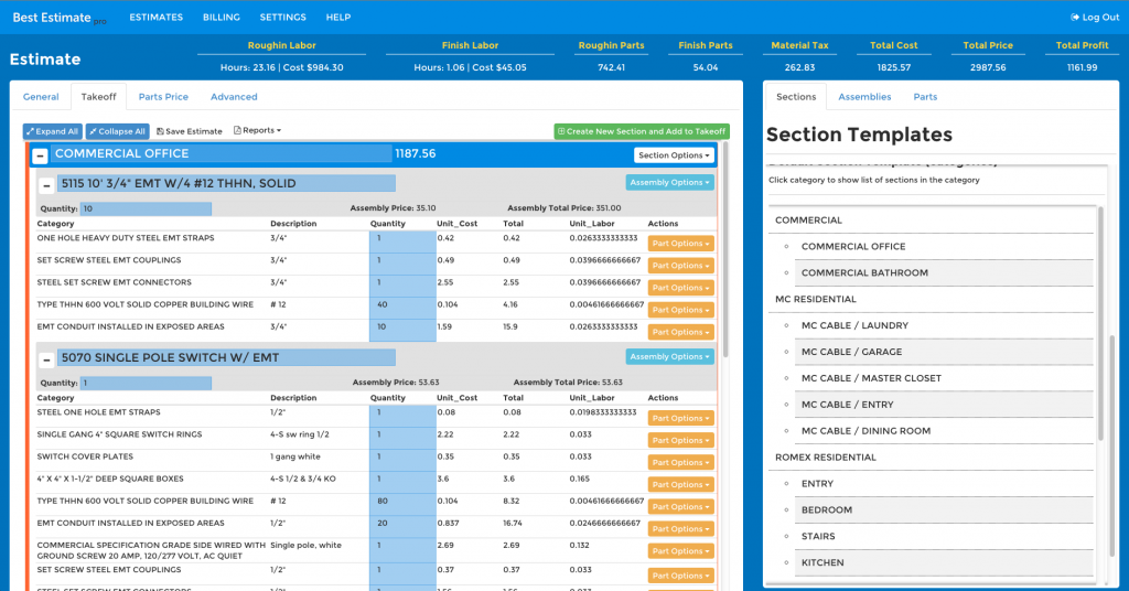 Check out the features of Best Estimate Pro electrical estimating software